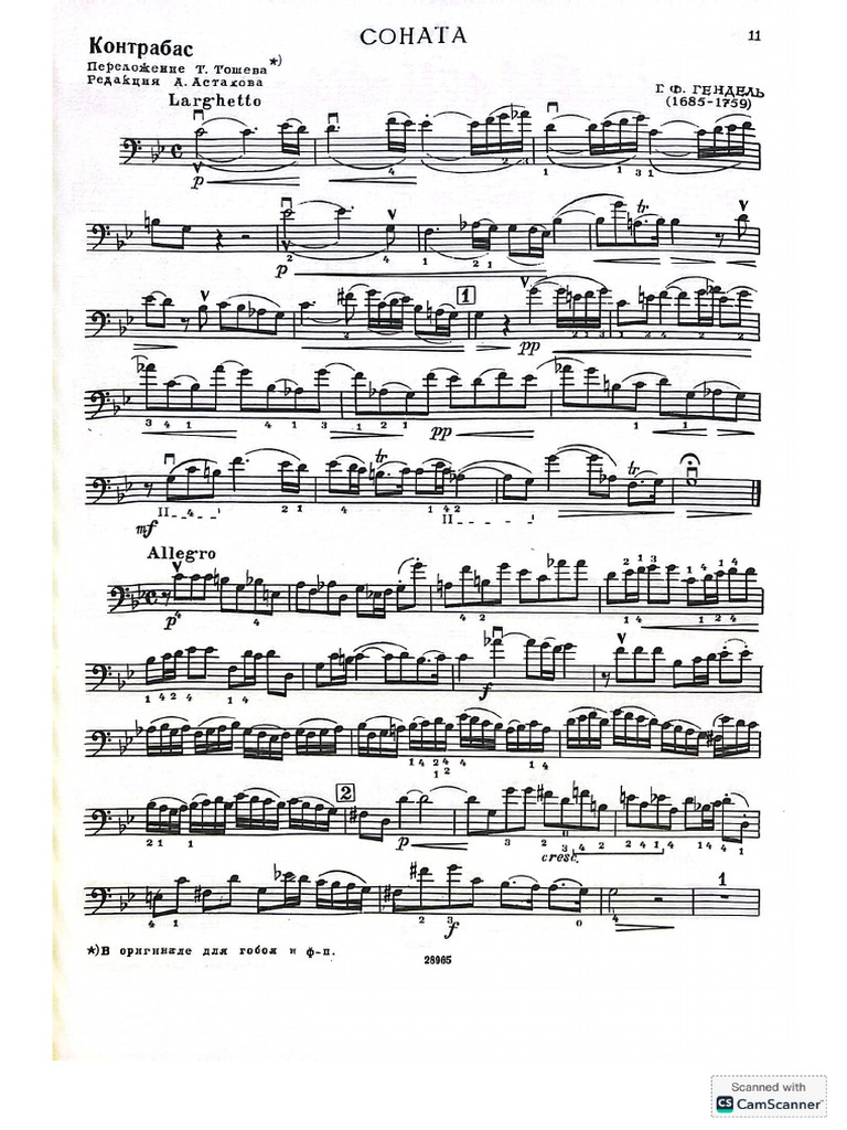 Handel-Sonata For Double Bass and Piano (Bass Part) | PDF