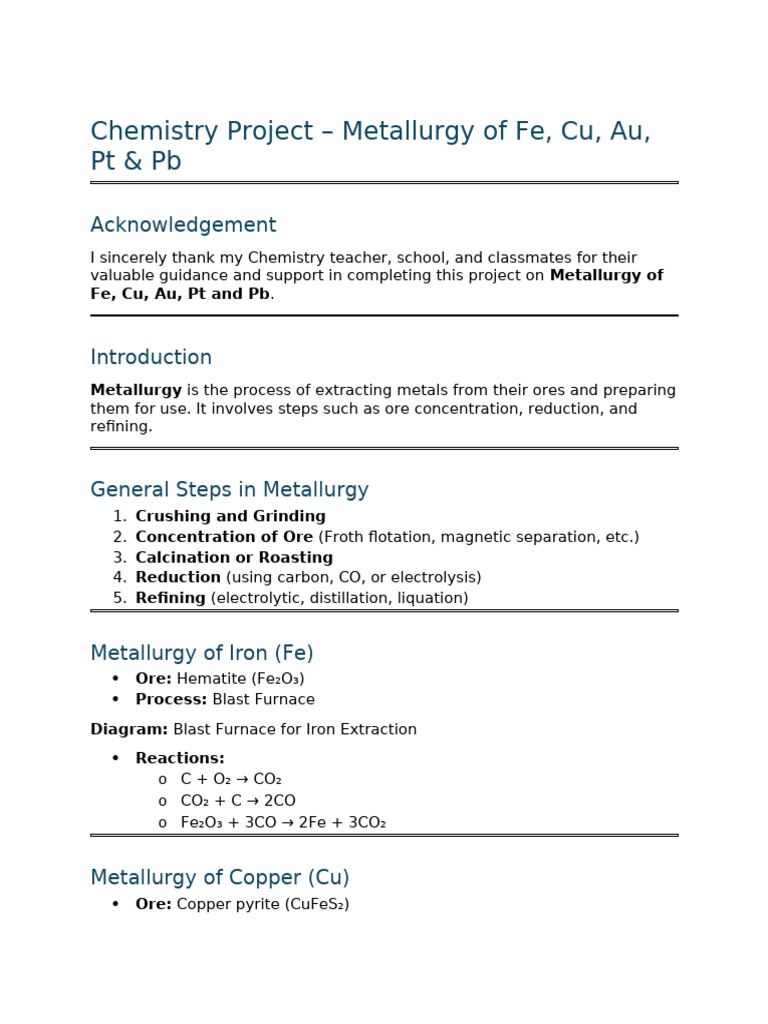 Metallurgy of Iron, Copper, Gold, Platinum, Lead | PDF | Ore | Metallurgy