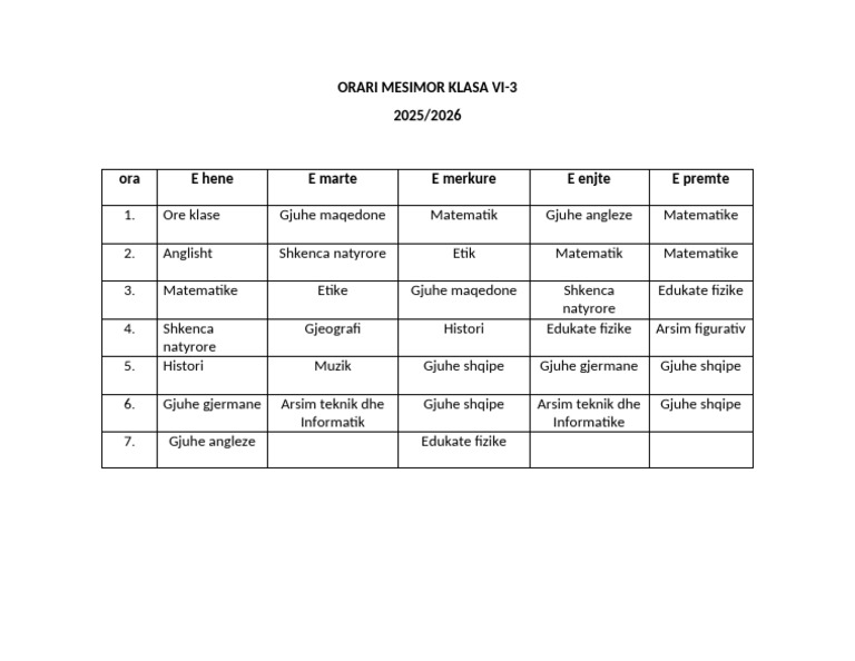Orari Mesimor Klasa Vi | PDF