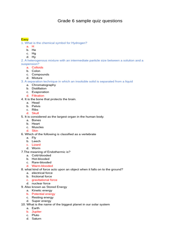 Grade 6 Science Quiz Questions | PDF | Earth | Orbit
