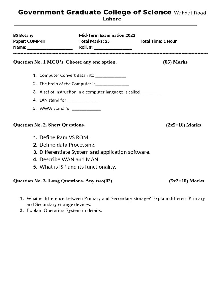 BS Botany Mid-Term Exam COMP-III 2022 | PDF