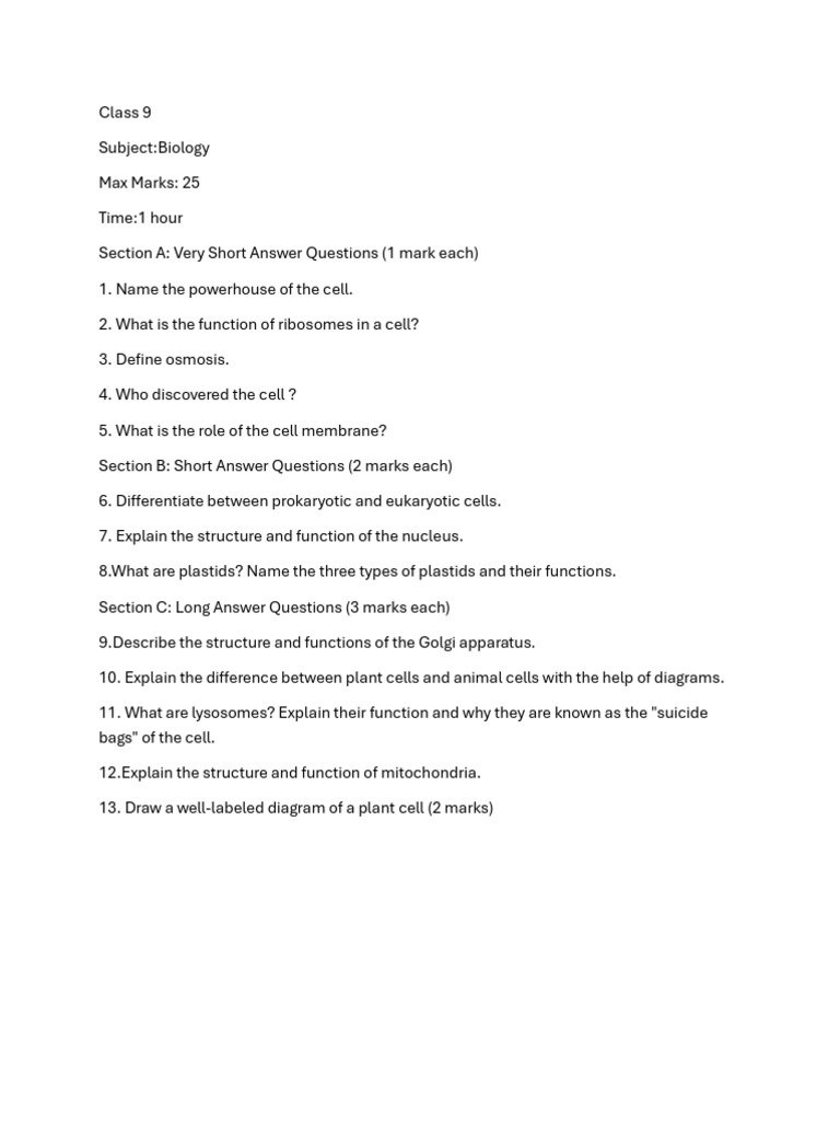 Class 9 Bio Test Paper | PDF