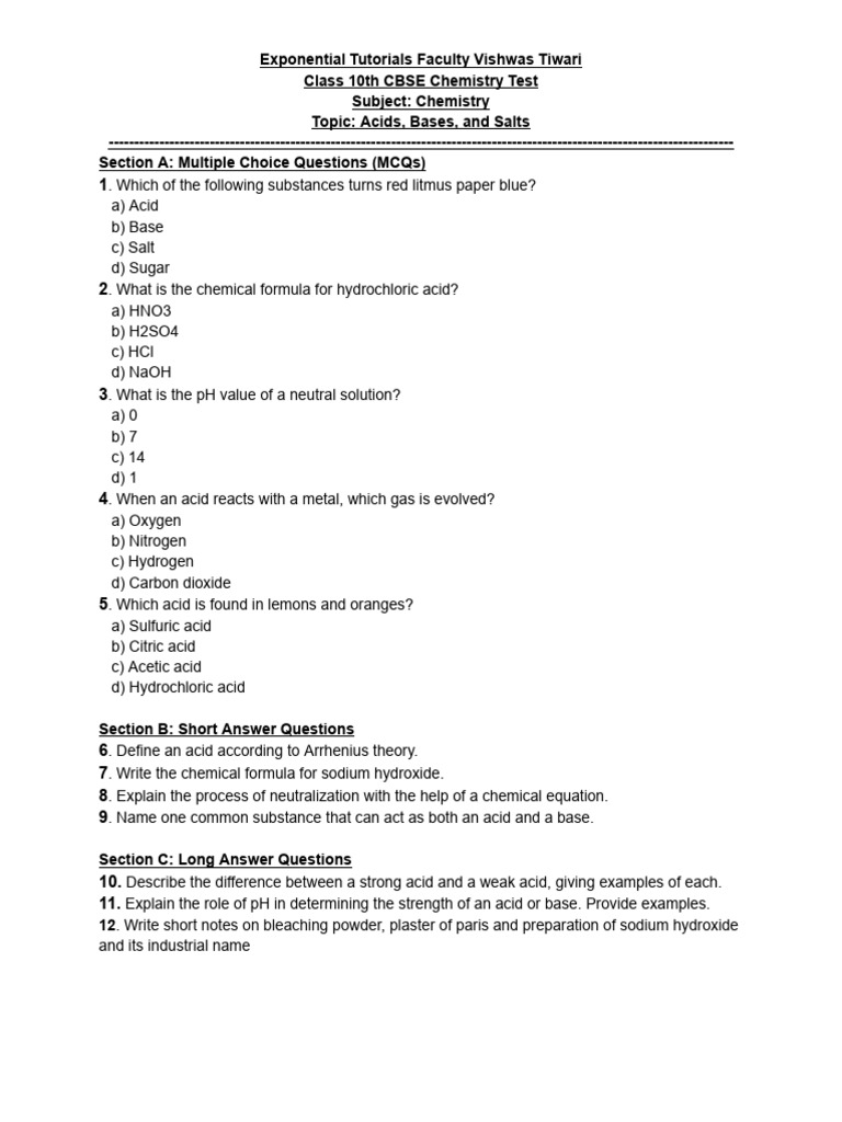 Acids Bases Salts Test X CBSE | PDF