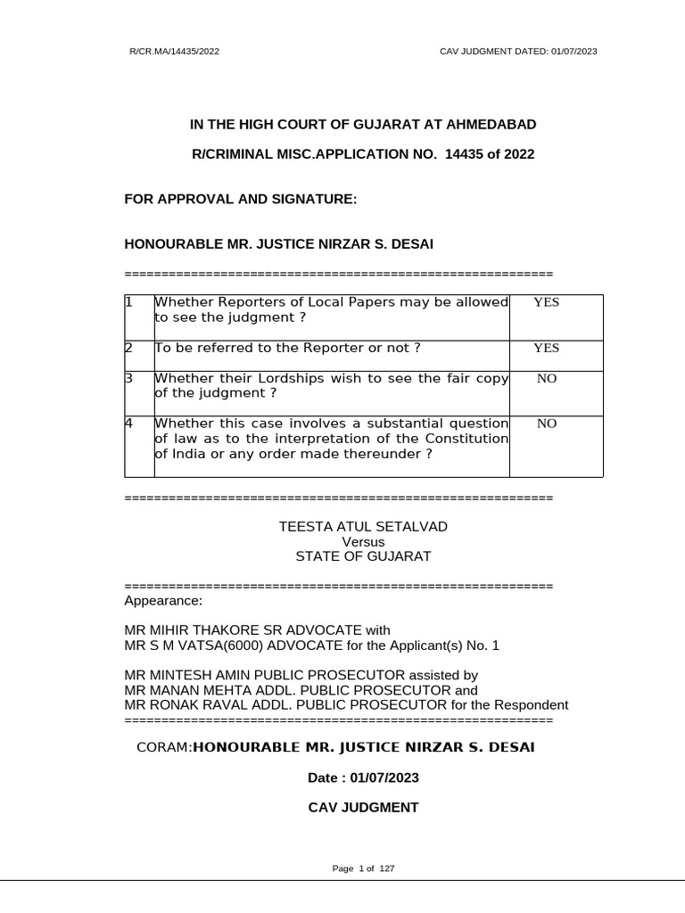 Teesta Atul Setalvad Vs State of Gujarat | PDF | Bail | Arrest