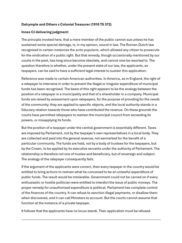 Dalrymple and Others V Colonial Treasurer | PDF | Standing (Law) | Taxes
