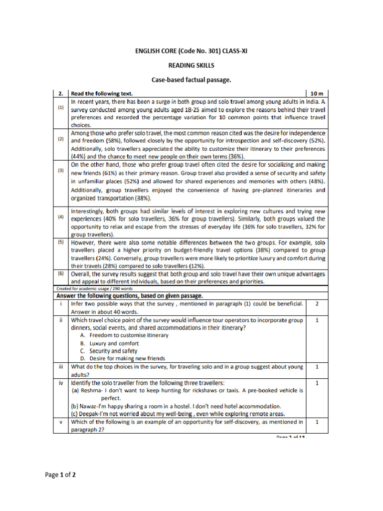 Reading Comprehension Class 11 | PDF