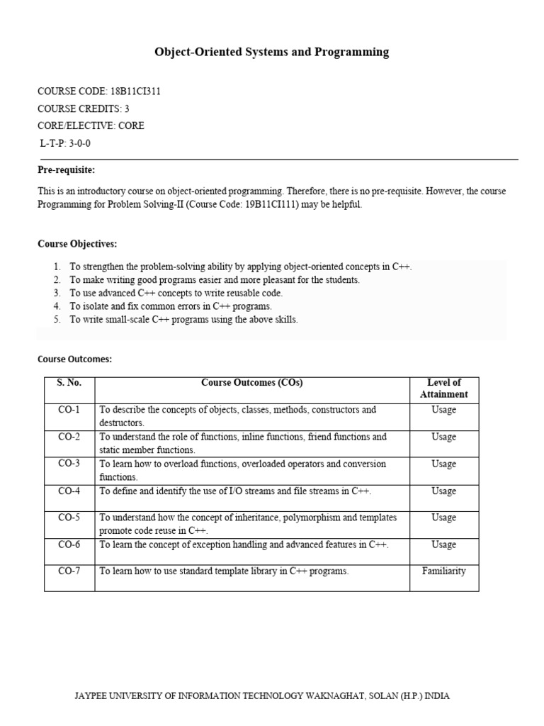 2023 18B11CI311 OOSP Theory Syllabus | PDF | Class (Computer Programming) | C++