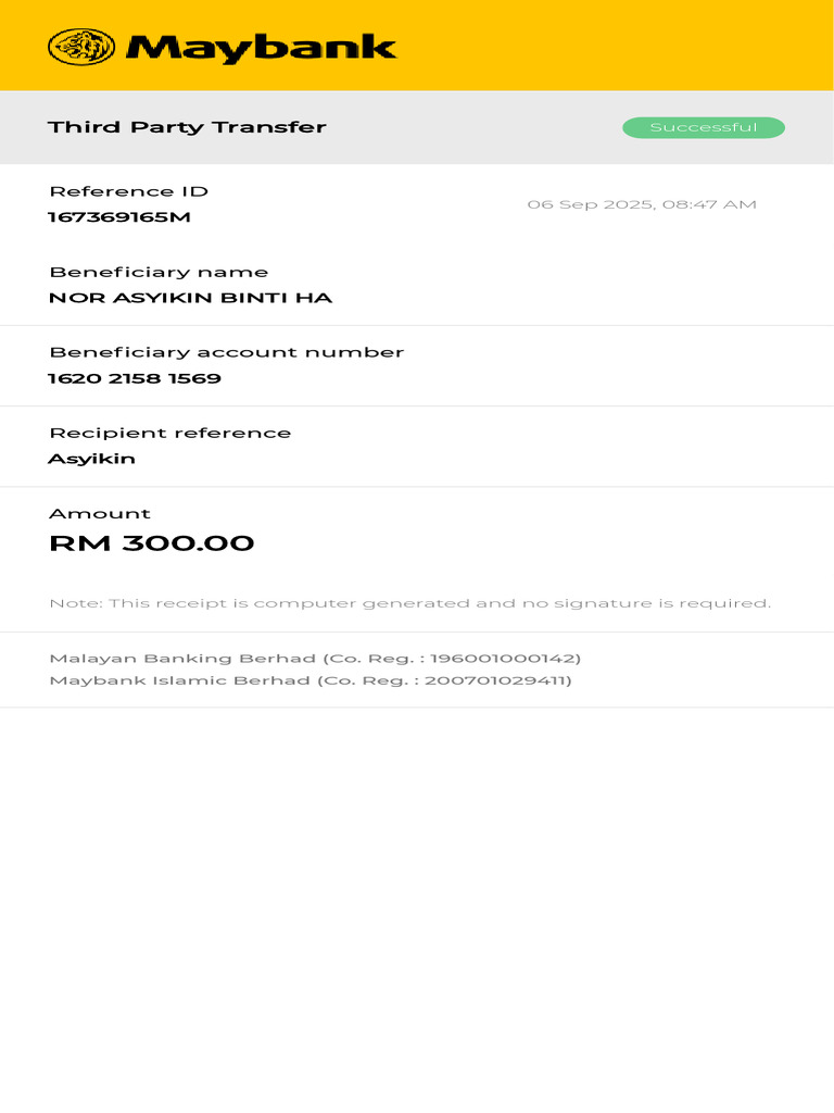 Successful Third Party Transfer Receipt | PDF