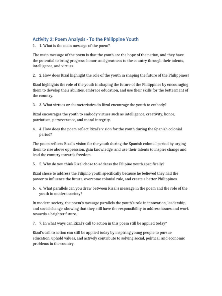Poem Analysis To The Philippine Youth | PDF