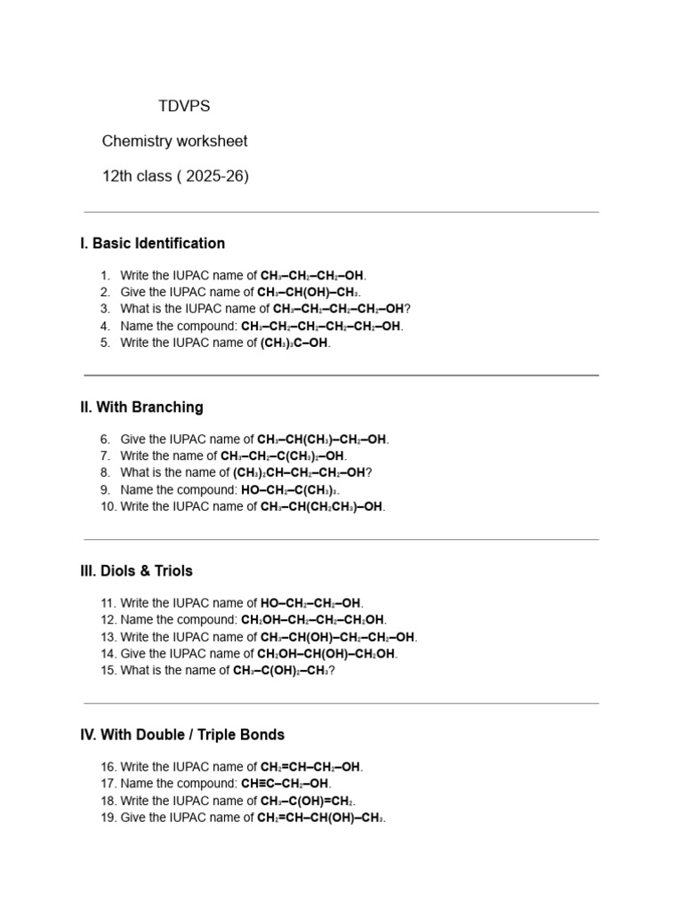 IUPAC Naming of Alcohols Worksheet | PDF
