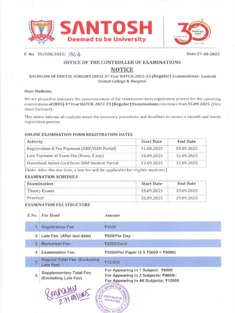 1464 - Notice - Bds - 3rd Year - Regular Examination - Sep - 2025 | PDF