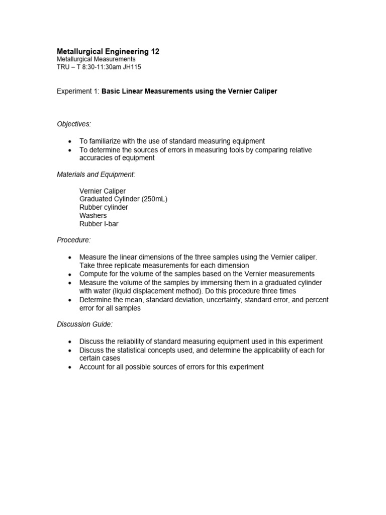 Experiment 1 - Linear Measurements | PDF