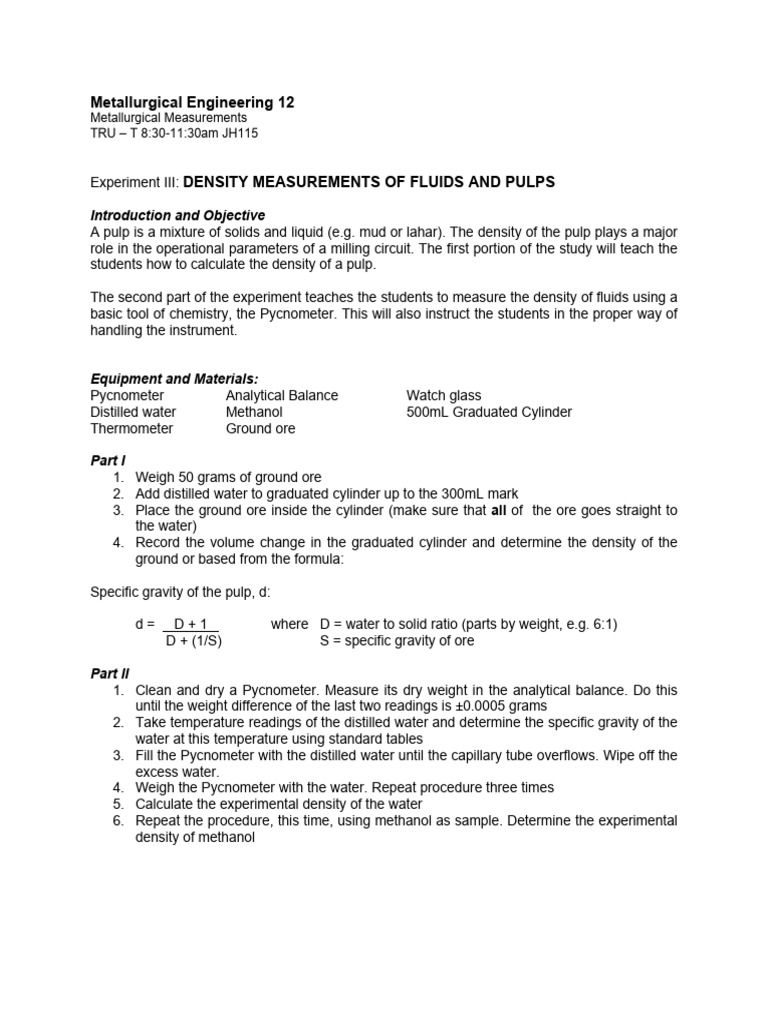 Experiment 3 - Density Measurements | PDF | Density | Physical Quantities
