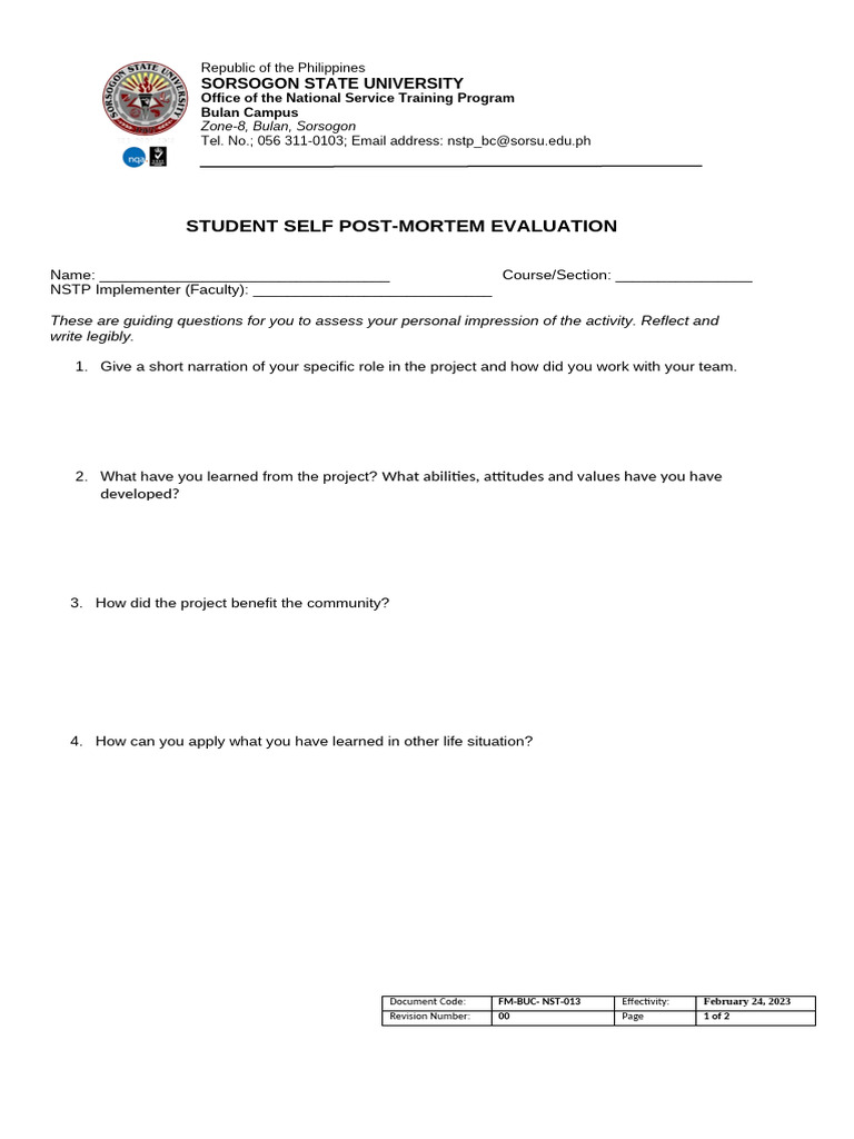 NSTP Student Self-Evaluation Form | PDF | Behavior Modification ...