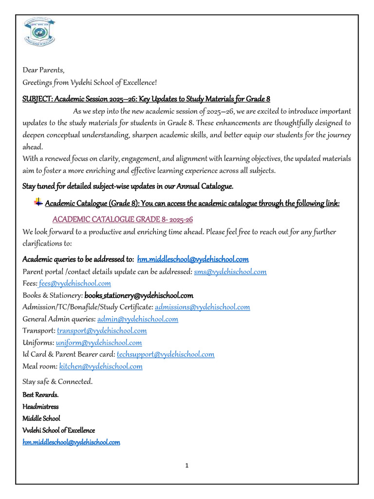 Grade 8 Study Materials Update 2025-26 | PDF