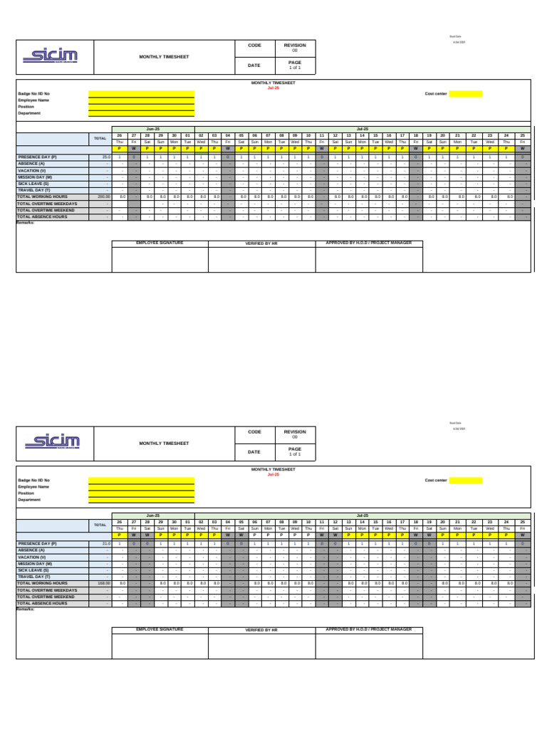 Monthly Timesheet for July 2025 | PDF | Weekly Events | Labour Law