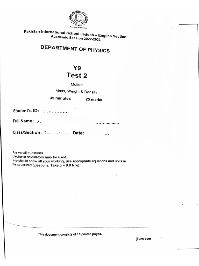 2022 Physics Test 2 Motion | PDF