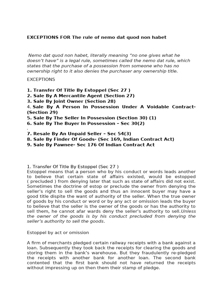EXCEPTIONS FOR The Rule of Nemo Dat Quod Non Habet | PDF | Estoppel | Common Law