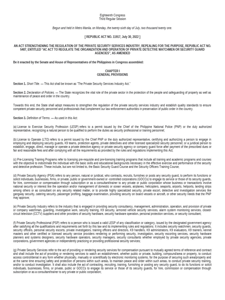 Republic Act 11917 Overview | PDF | Security Guard | Securities