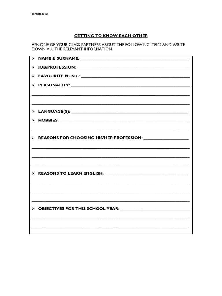 Getting To Know Each Other CEFR B1 Class | PDF