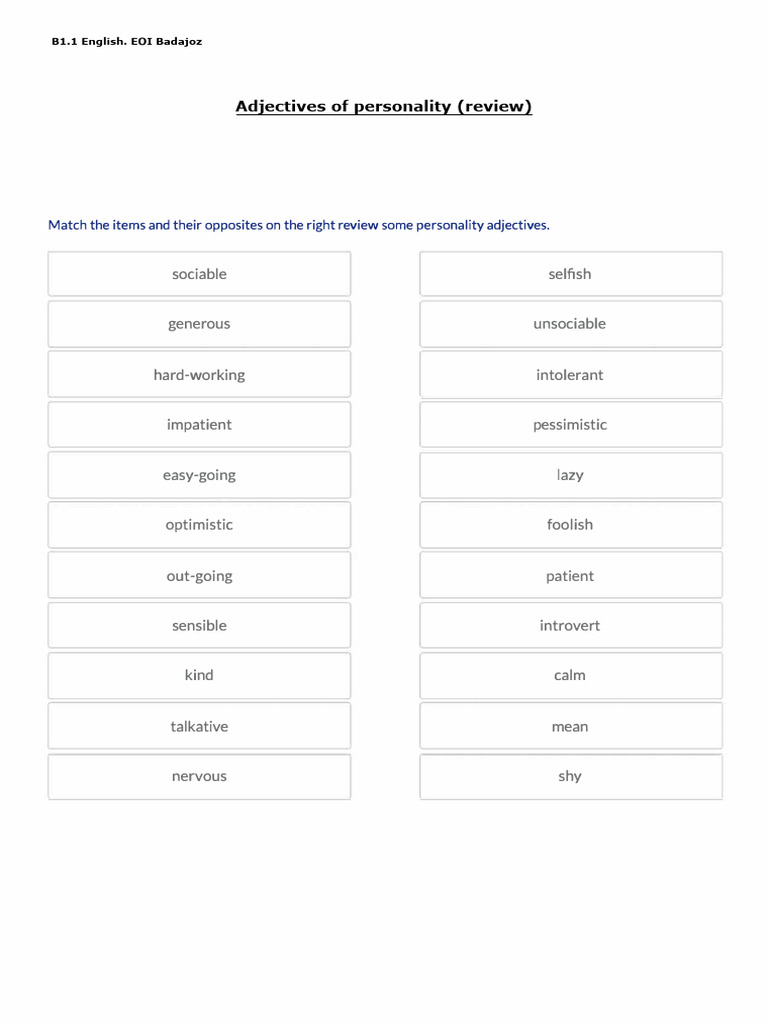 Personality Adjectives Review CEFR B1 Class | PDF