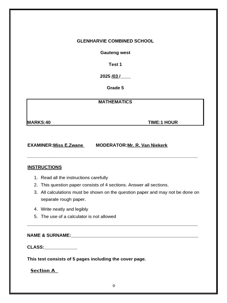 Grade 5 Mathematics Test Paper | PDF | Chess | Chess Theory
