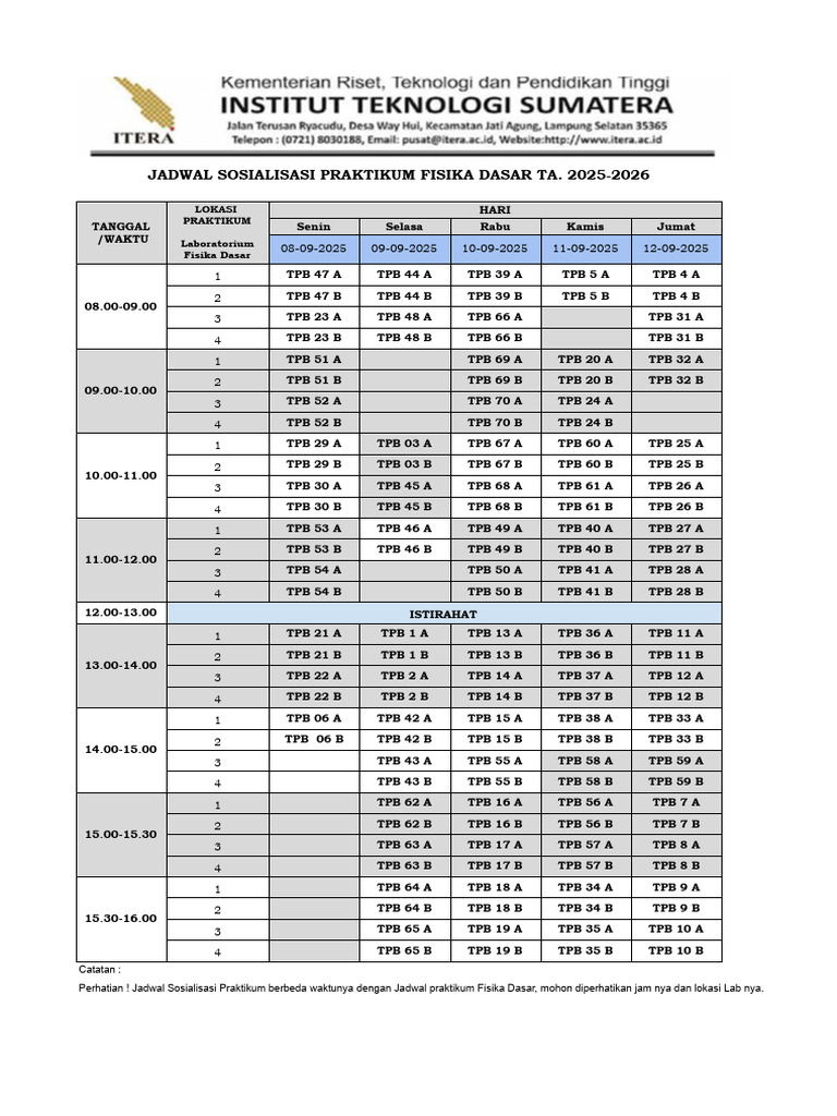 Jadwal Sosialisasi Dan Jadwal Praktikum Fisika Dasar Ta 2025-2026 | PDF