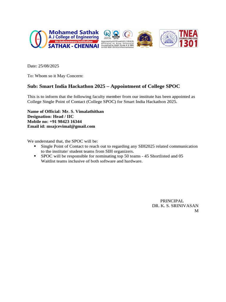 College Consent Letter For SPOC SIH2025 | PDF
