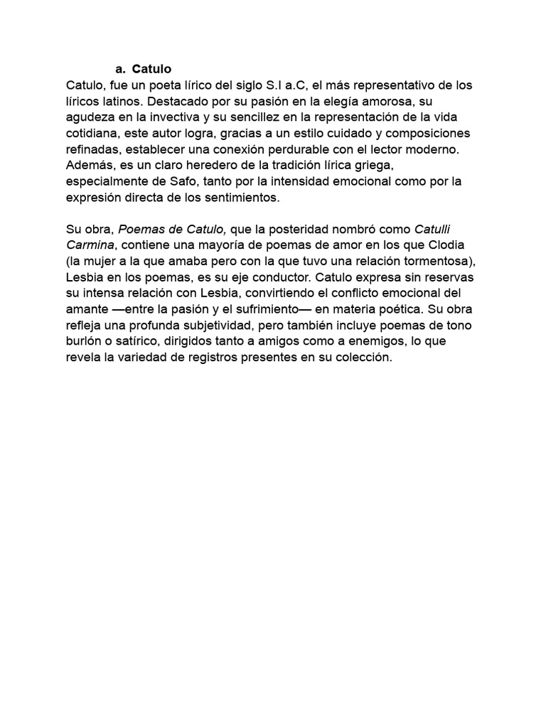 Catulo: Poeta Lírico del Amor y Sátira | PDF