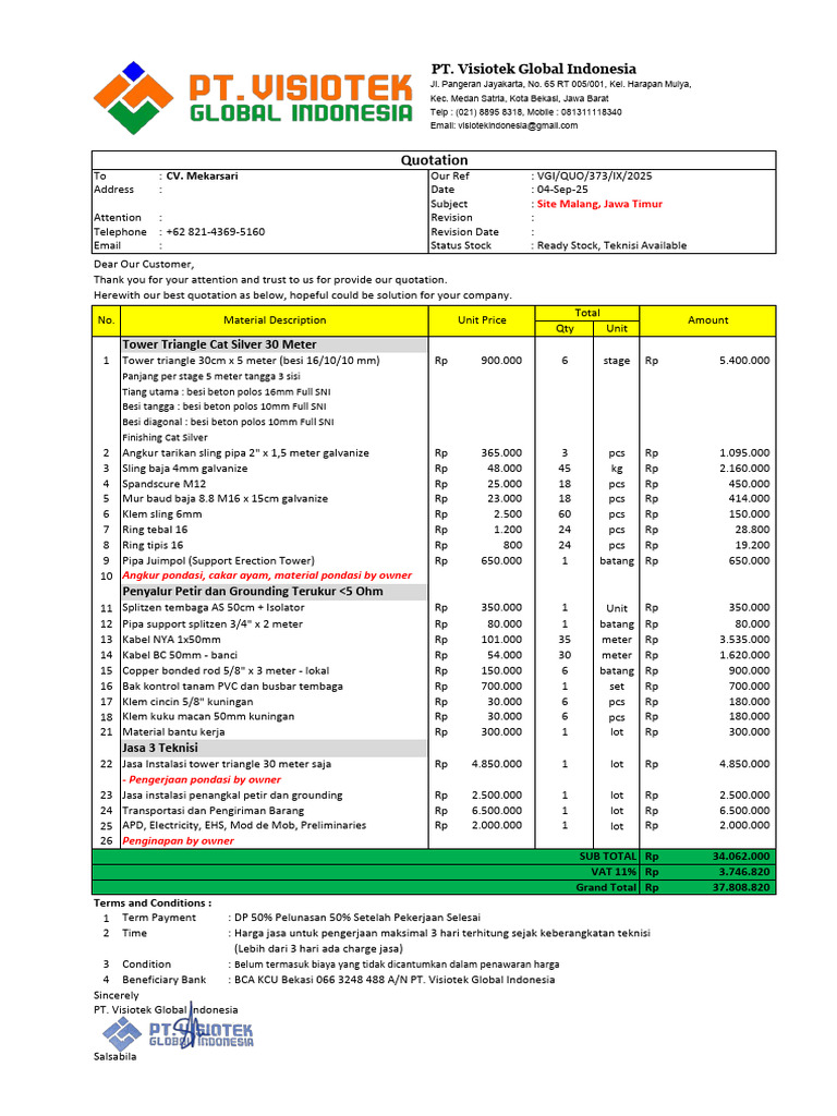 VGI Quotation - Triangle 30 Meter - Site Malang | PDF