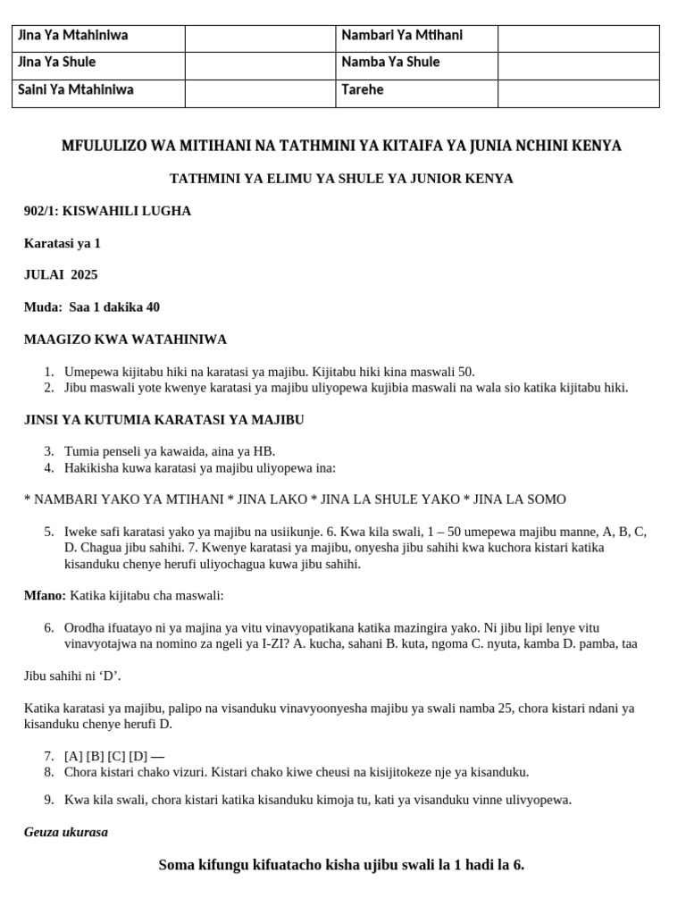 2025 Grade 9 Kiswahili PP 1 End Term Assessmentment Term 2 2nd Set 02 25 Jul 15 09 45 | PDF