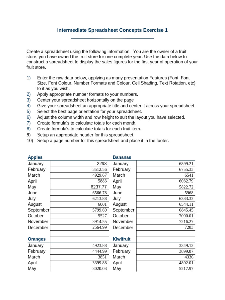 Intermediate Spreadsheet Concepts Exercise 1 | PDF | Spreadsheet