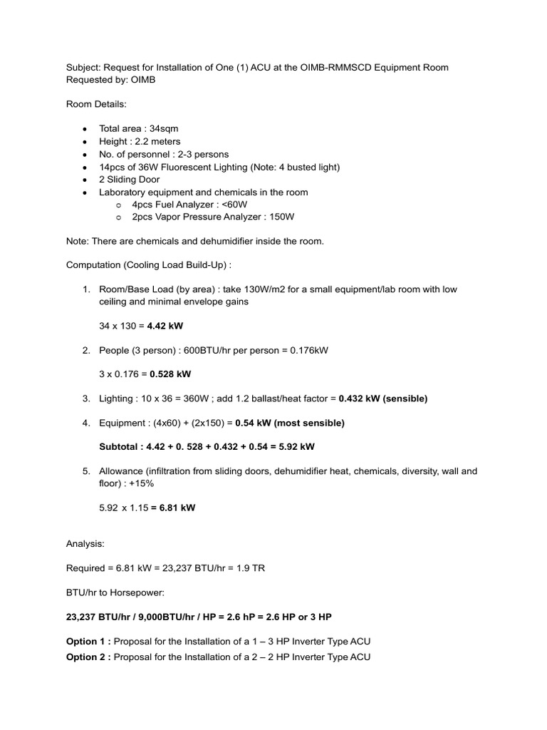 ACU Installation Request for OIMB Room | PDF