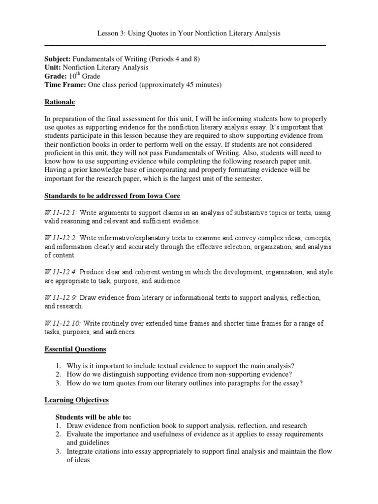 Using Quotes Lesson Plan 3 | PDF | Essays | Non Fiction