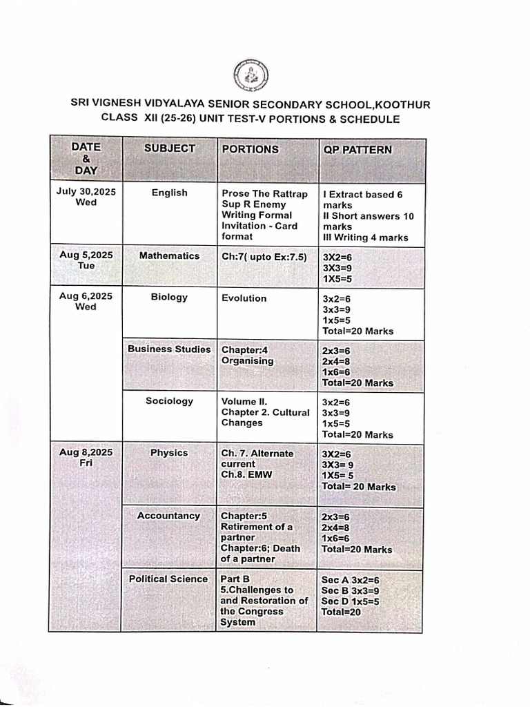 UT 5 Class XII Portion and Schedule | PDF