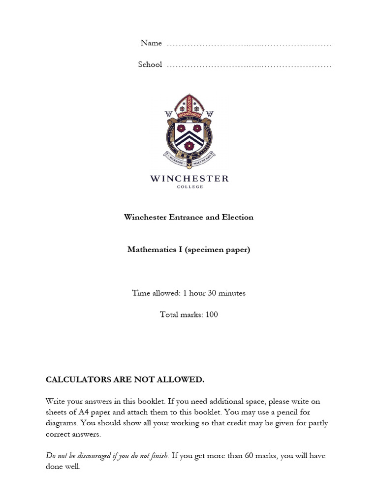 Maths Specimen Entrance Paper | PDF | Triangle | Area