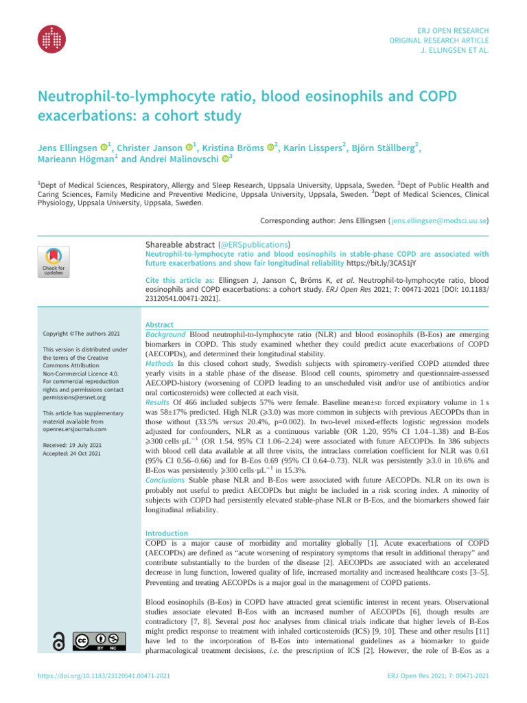 (Ellinsgen Et Al 2021) NLR Blood Eos ERS | PDF | Chronic Obstructive ...