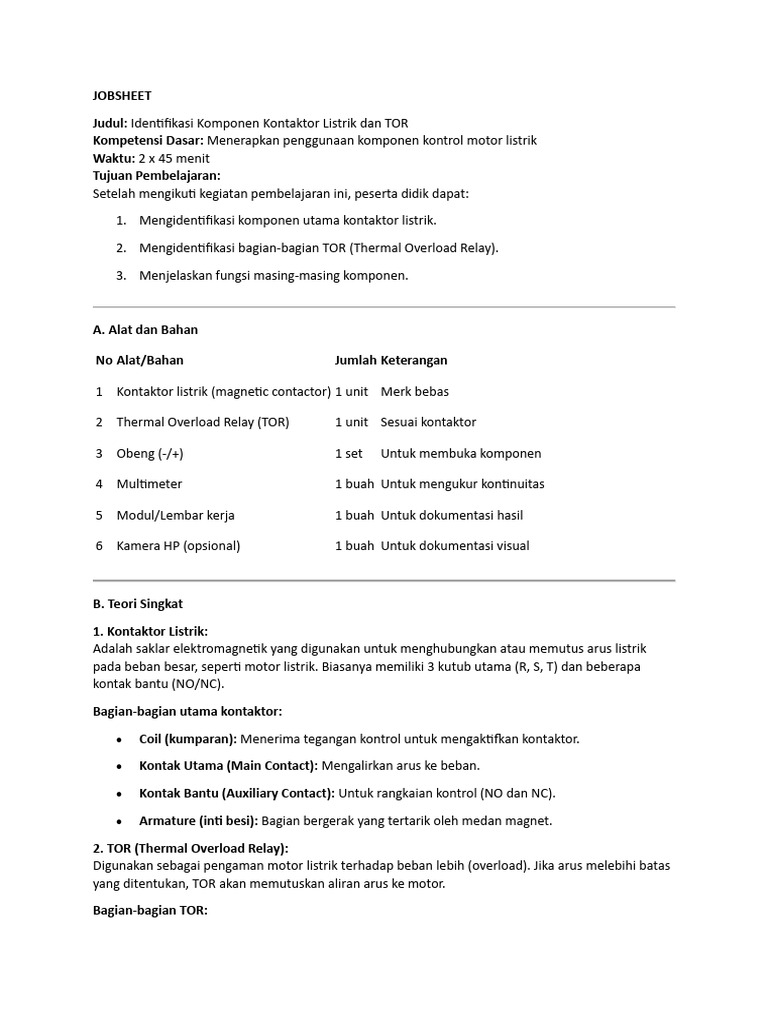 Jobsheet identifikasi komponen Kontaktor dan TOR | PDF