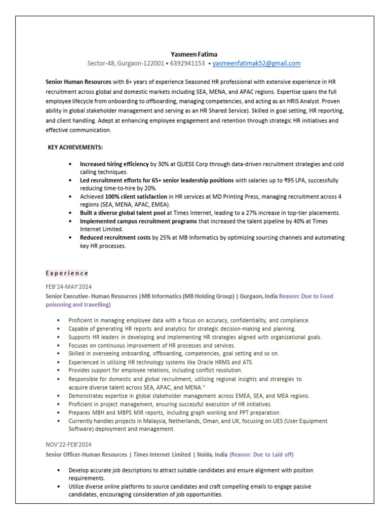 Yasmeen Fatima Final TA CV | PDF | Recruitment | Employee Retention