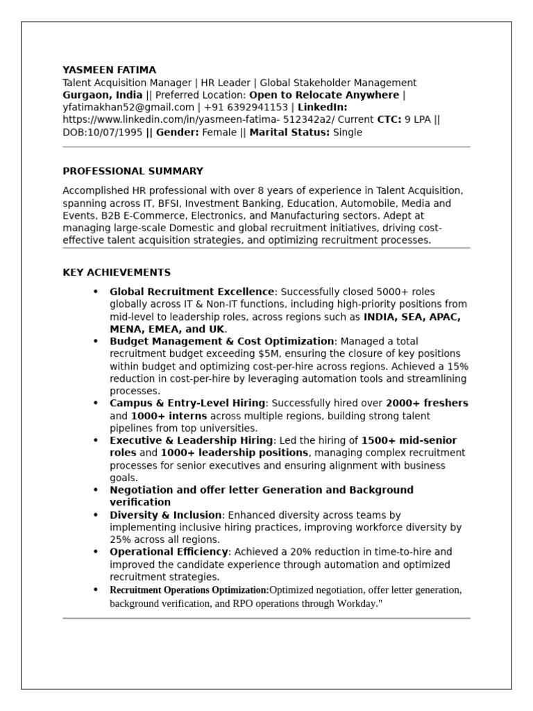 YASMEEN FATIMA - Talent Acquisition PDF | PDF | Recruitment | Human Resource Management