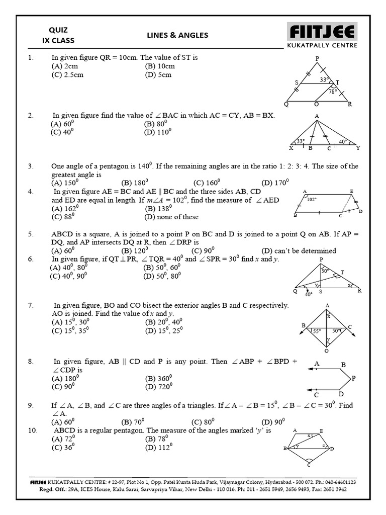Lines & Angles - Quiz - IX-Class | PDF | Classical Geometry | Triangle ...