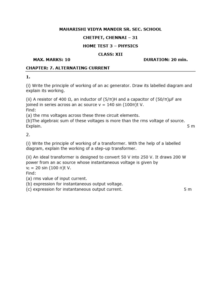 Class XII Physics Home Test: AC Concepts | PDF