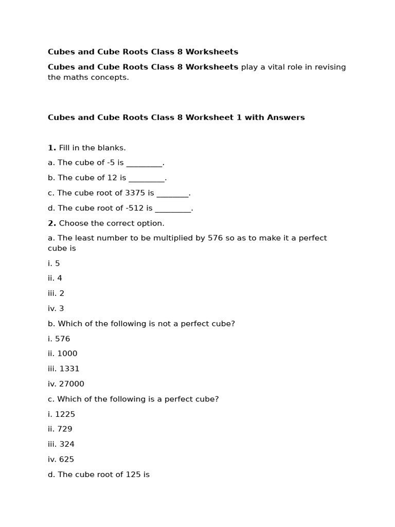 Cubes and Cube Roots Class 8 Worksheets | PDF | Volume | Numbers
