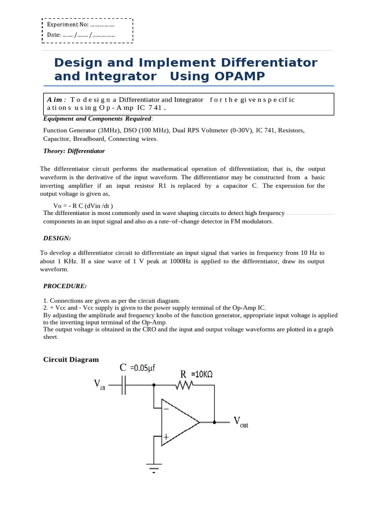 Ex. No 4 Differentiator and Integrator | PDF | Operational Amplifier | Amplifier