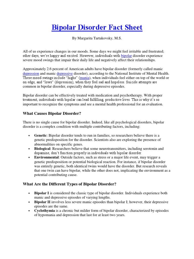 Bipolar Disorder Fact Sheet | Bipolar Disorder | Mania