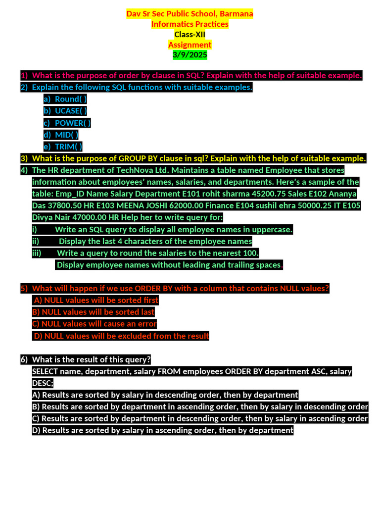 Xii SQL Assignment | PDF