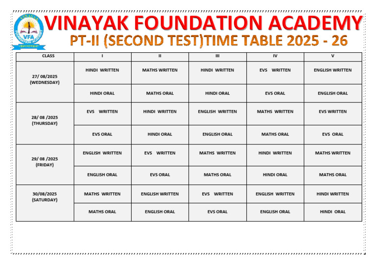 Second Test Schedule 2025 | PDF