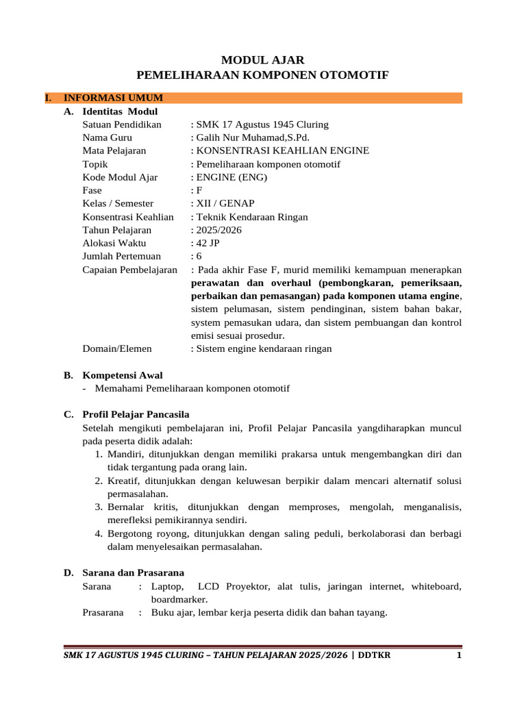Pemeliharaan Komponen Otomotif SMK | PDF