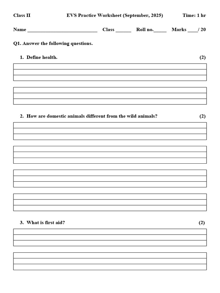Class II EVS Practice Worksheet | PDF | Zoology