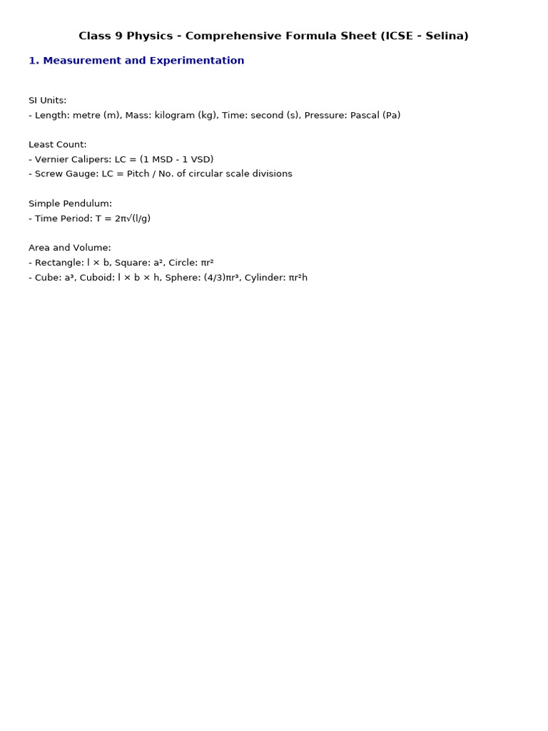 Volume Formulas for Class 9 Physics | PDF | Buoyancy | Pressure